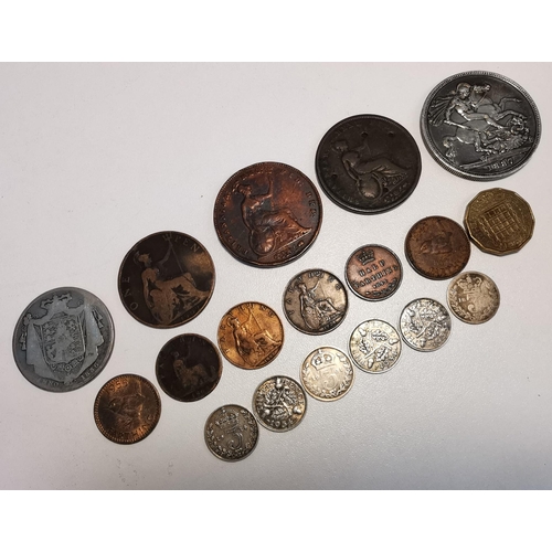 A selection of eighteen pre-decimal coins including an 1887 Queen ...