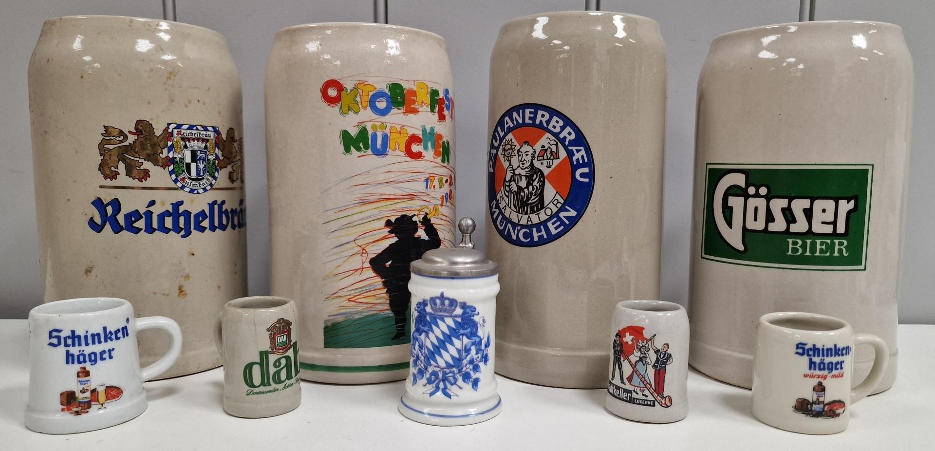 A collection of nine vintage, German ceramic beer tankards. Tallest 20cm.