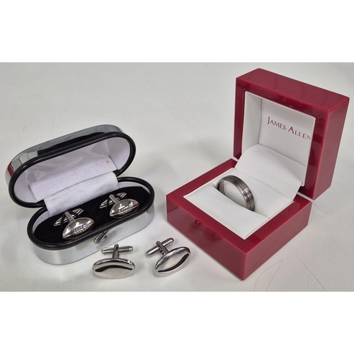 Selection of jewellery & badges. To include boxed James Allen titanium ...
