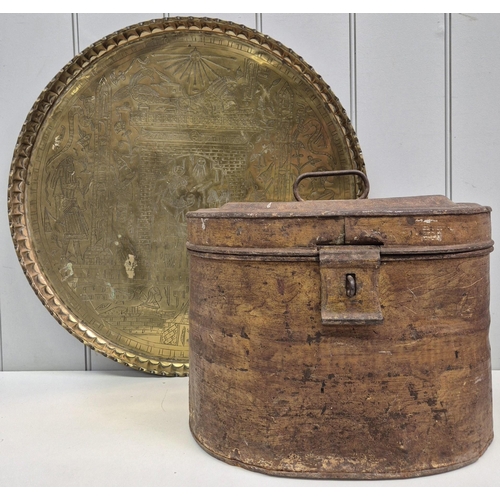 Victorian metal hat box, together with an Egyptian design large brass ...