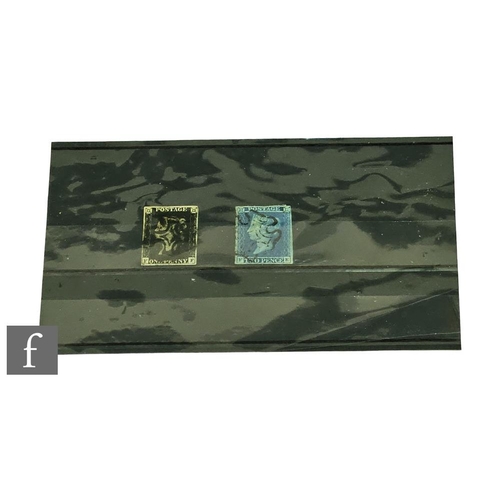 A 1d penny black and a 2d blue stamp, both with black Maltese cross ...