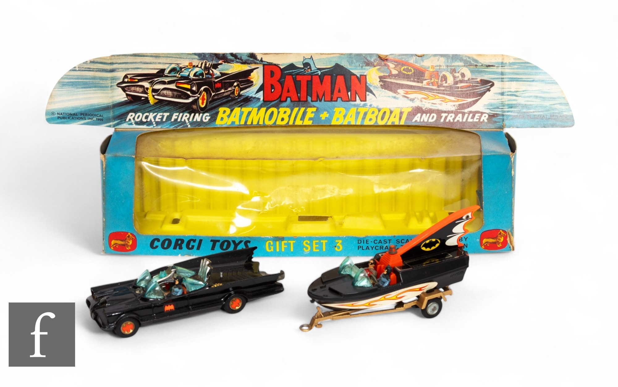 A Corgi Toys Gift Set 3 Batman rocket firing Batmobile plus Batboat and ...