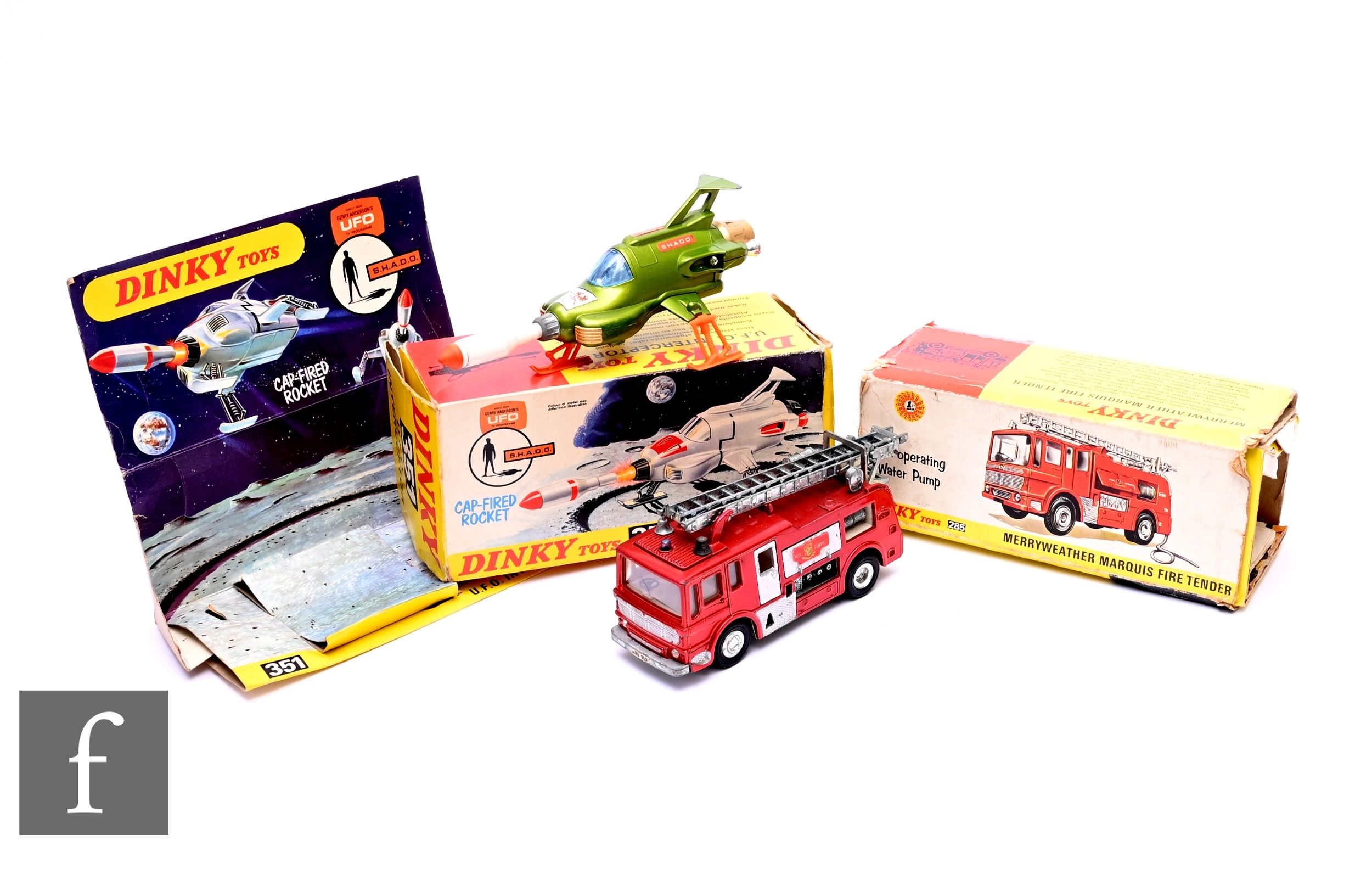 A Dinky Toys 351 UFO Interceptor diecast, in green with orange feet ...