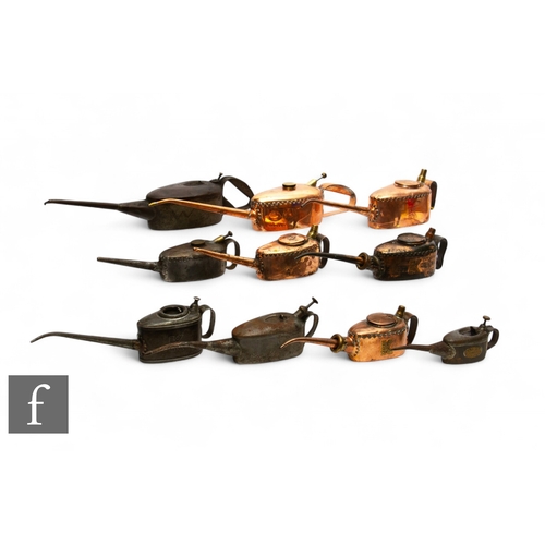 Five various sized Kaye's copper oil filler cans, a brass Joseph Lucas ...