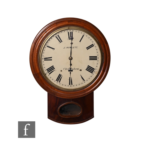 A 19th Century mahogany drop dial circular wall clock, painted dial by ...