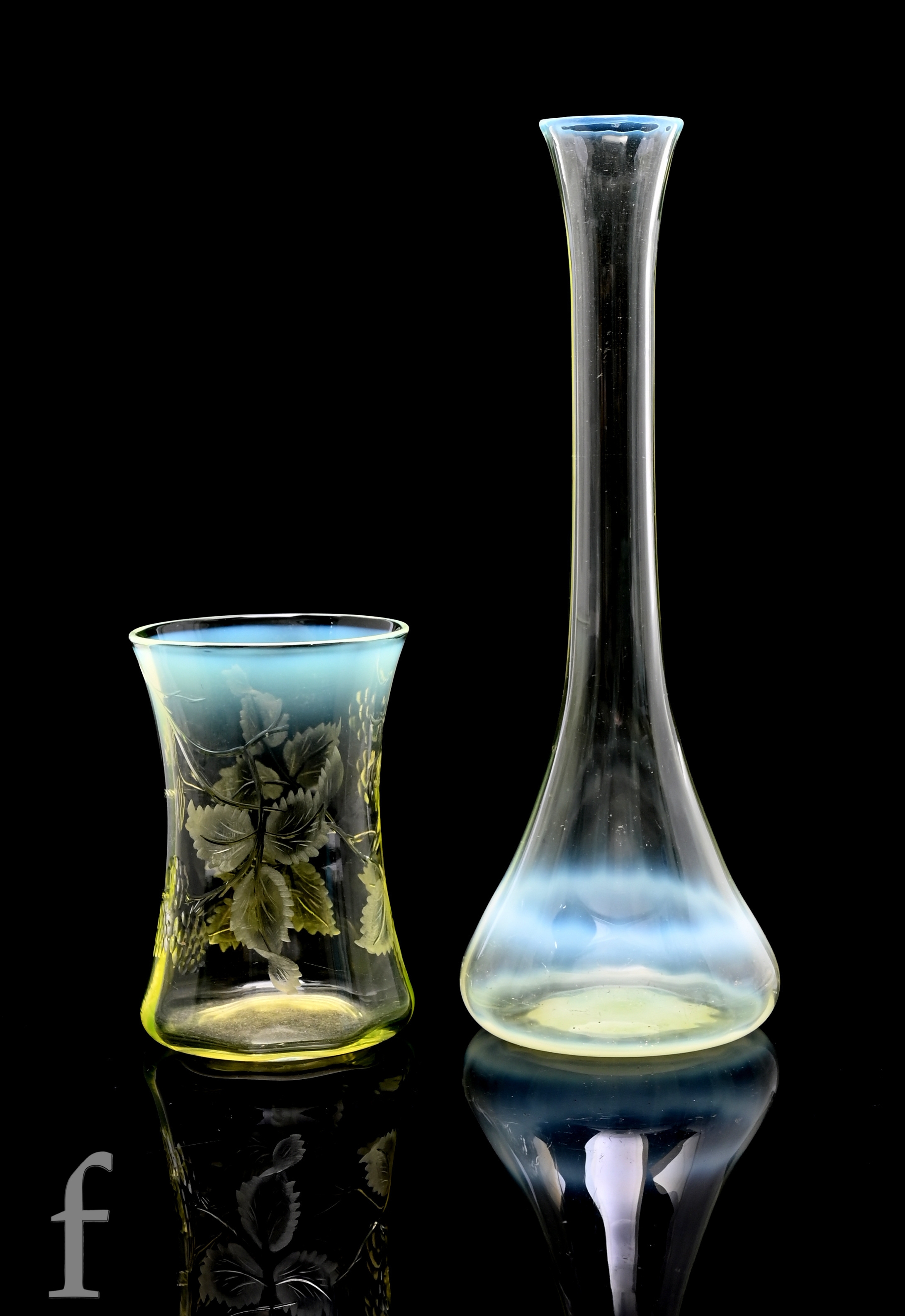 A straw opal glass vase, waisted cylindrical form, engraved with ...