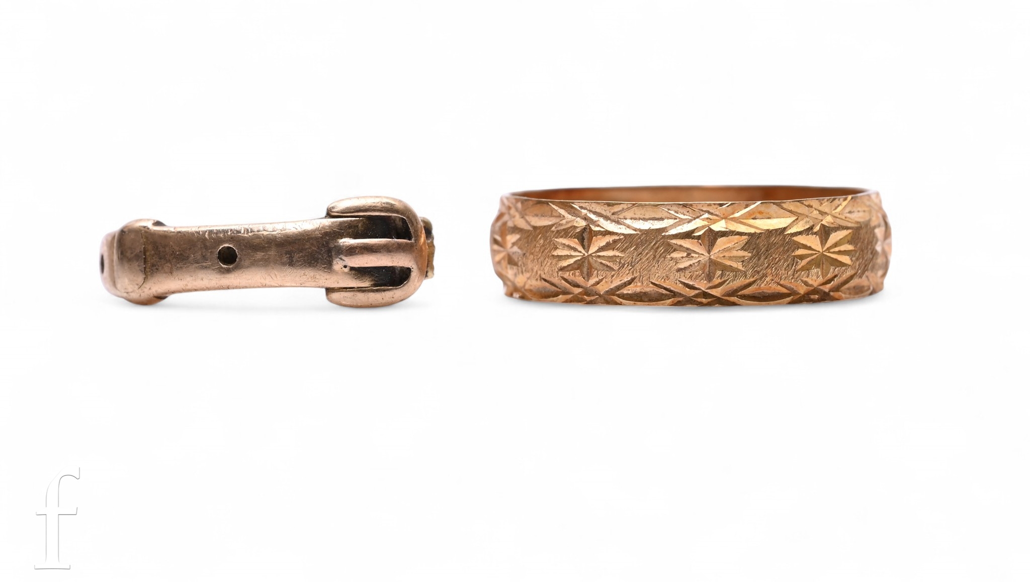 Two 18 carat gold rings, one with engraved foliate designs, ring size N ...