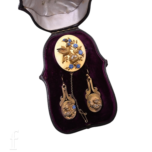 A Victorian gold, enamel and pearl demi parure, circa 1870, comprising ...