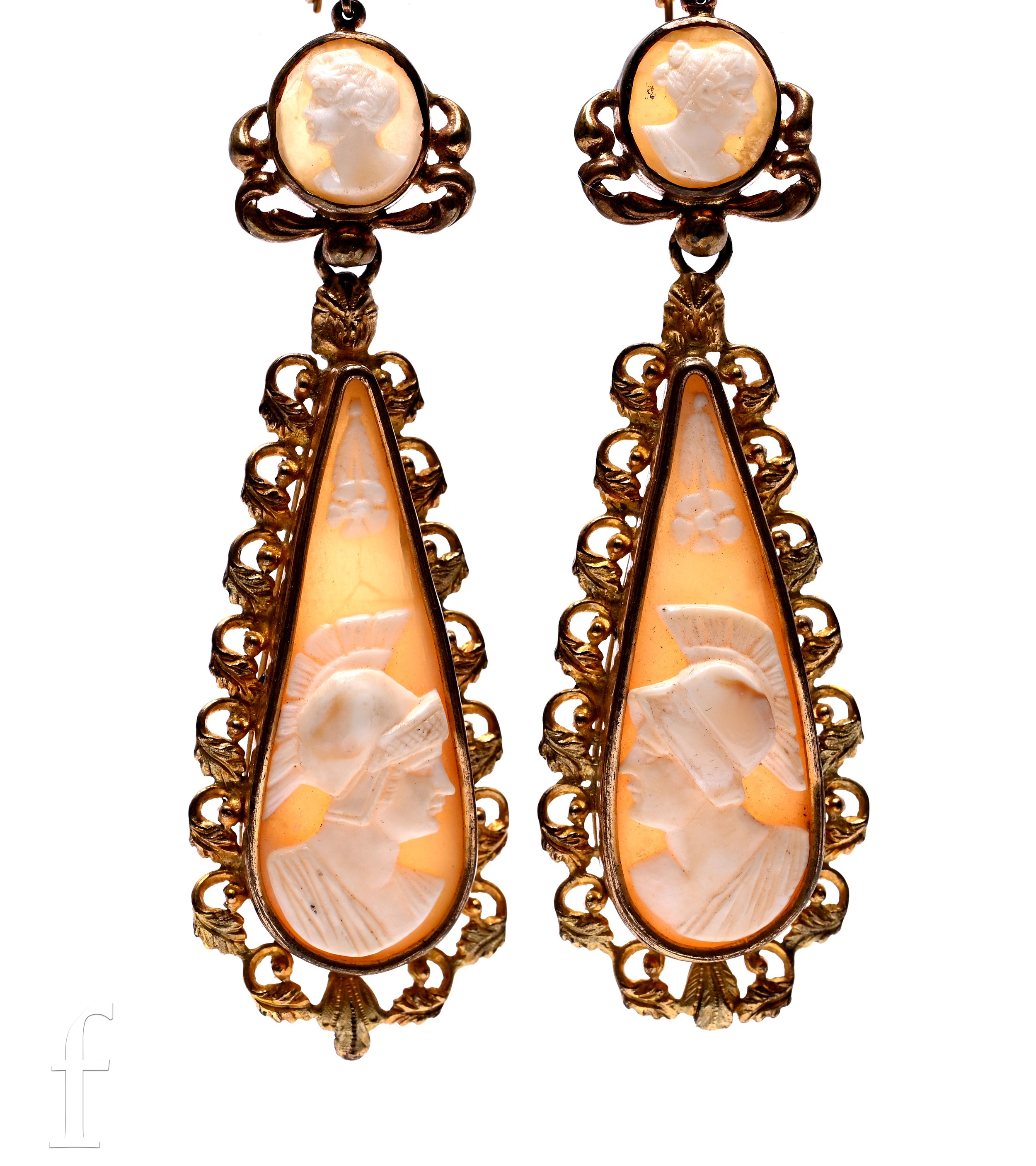 A pair of Victorian cameo and gilt metal earrings, circa 1870, the ...