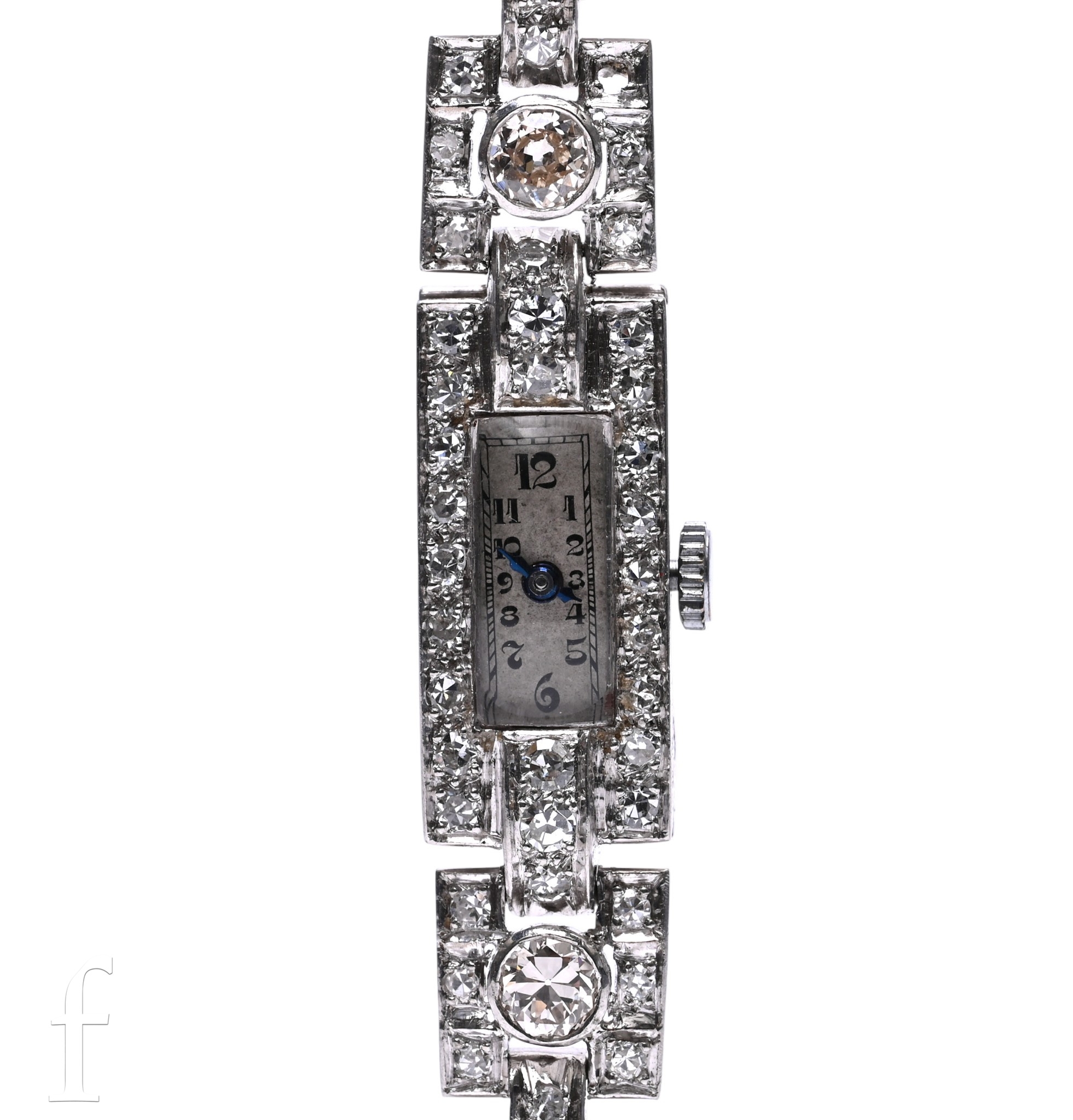 A 1930s Art Deco lady's diamond set platinum cocktail watch head, the ...
