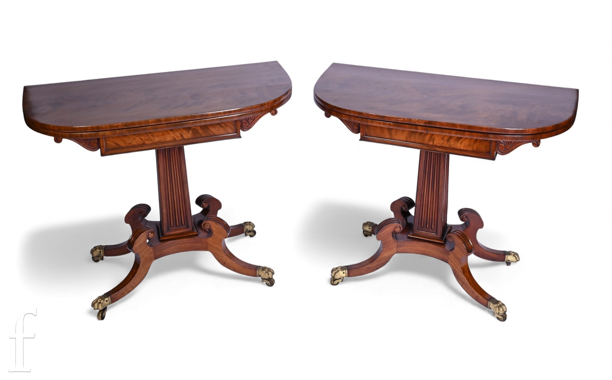 A pair of William IV mahogany fold over tea tables, recessed friezes ...