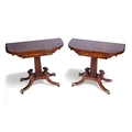 A pair of William IV mahogany fold over tea tables, recessed friezes ...