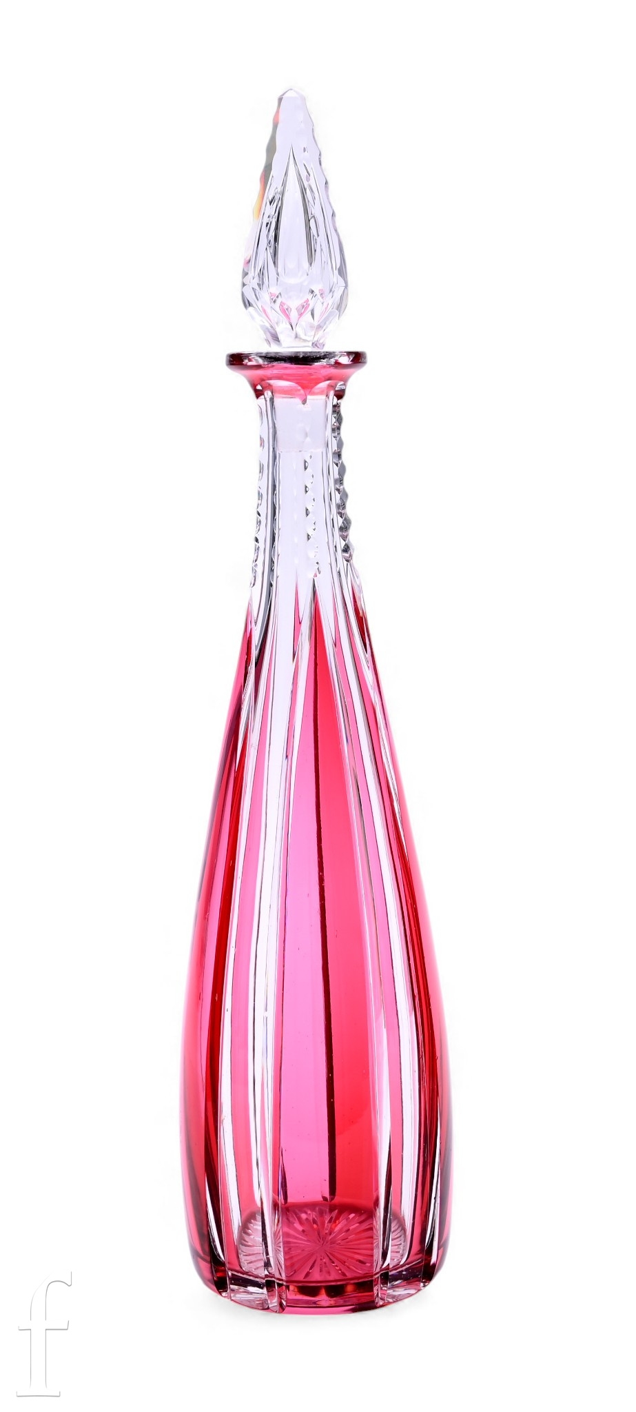 A continental decanter and stopper in cased ruby over clear glass, the ...