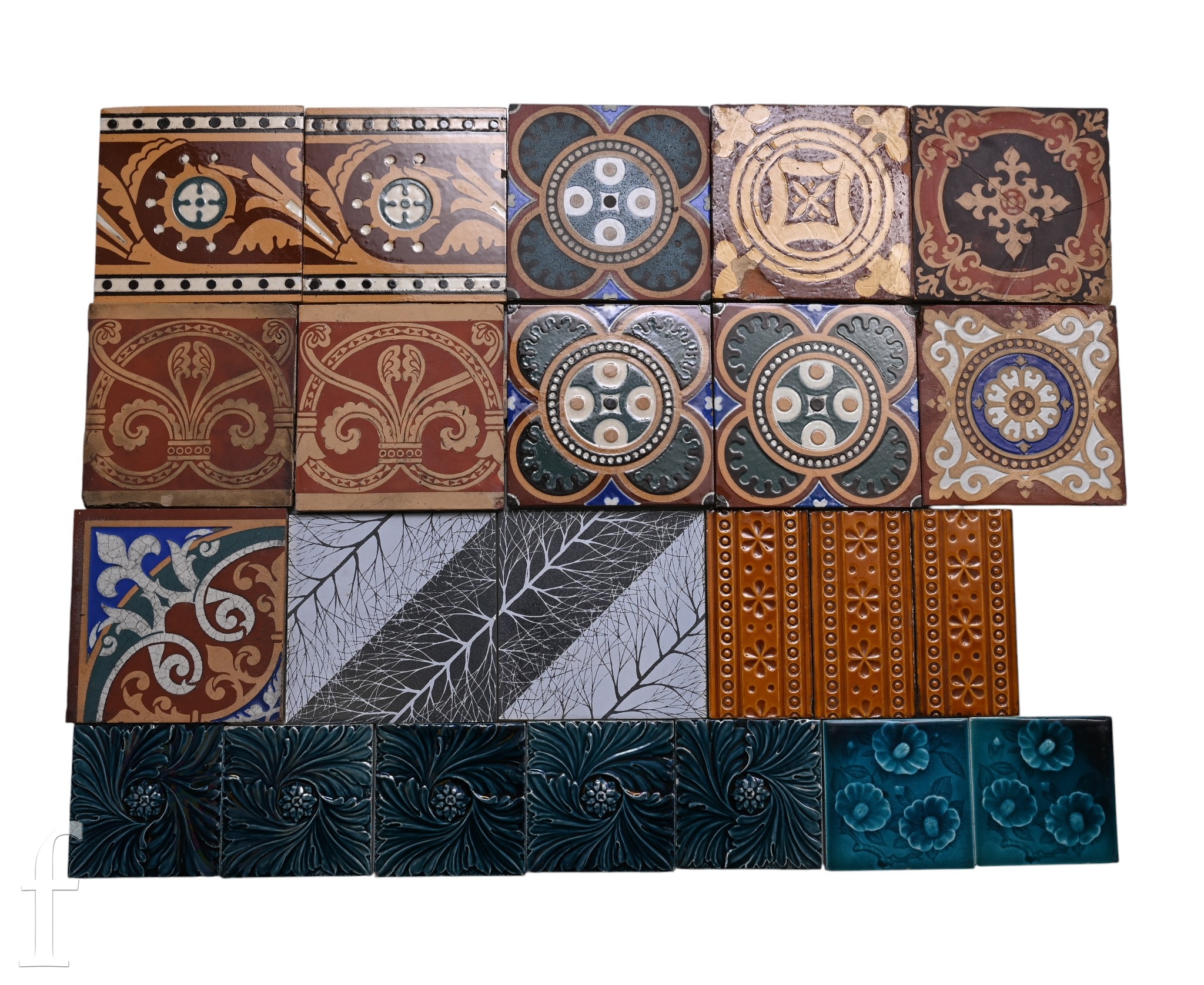 A collection of Maw & Co Broseley Salop dust pressed tiles, 1850s to ...