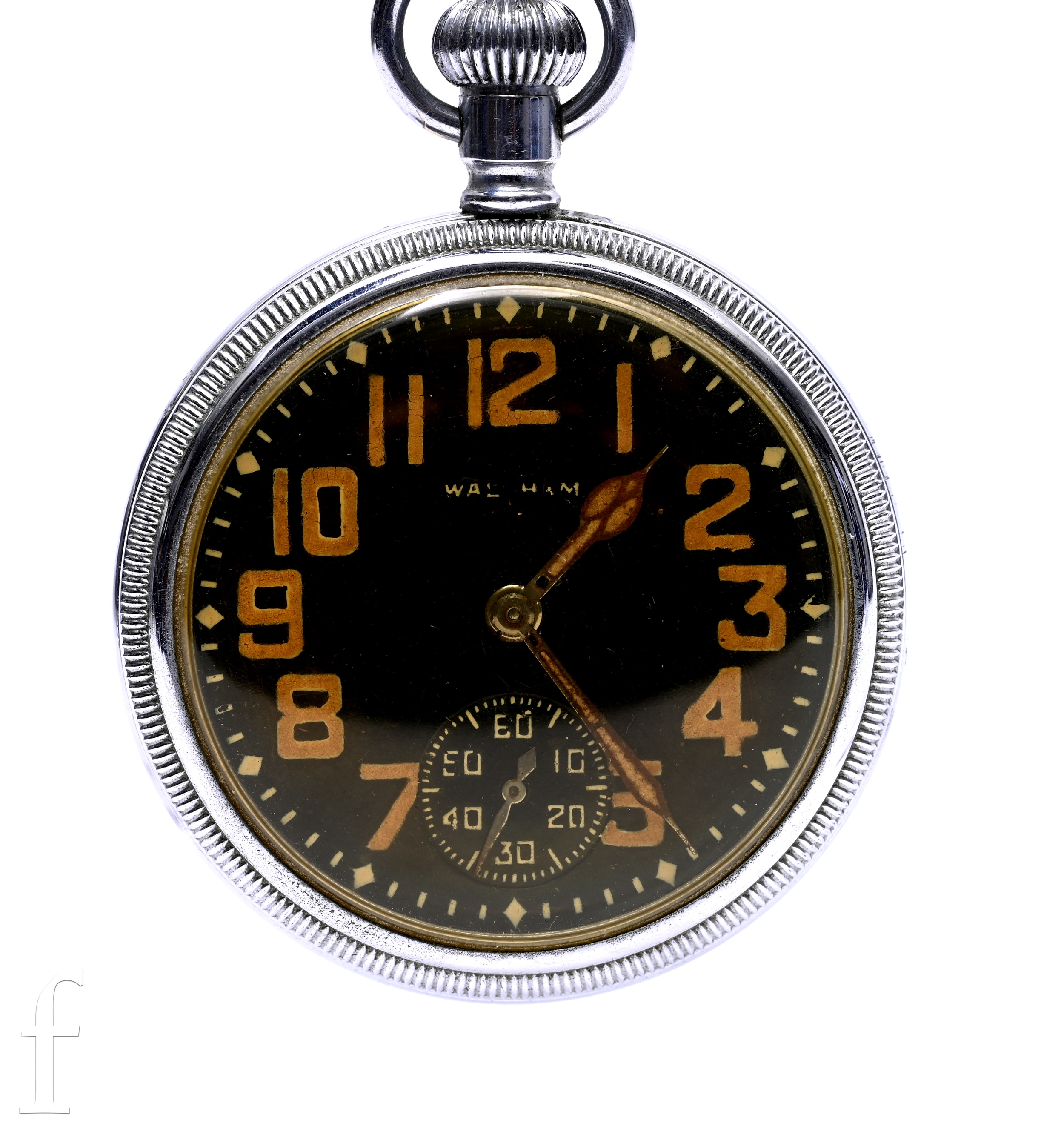 A Waltham military issue open face pocket watch with keyless wind ...