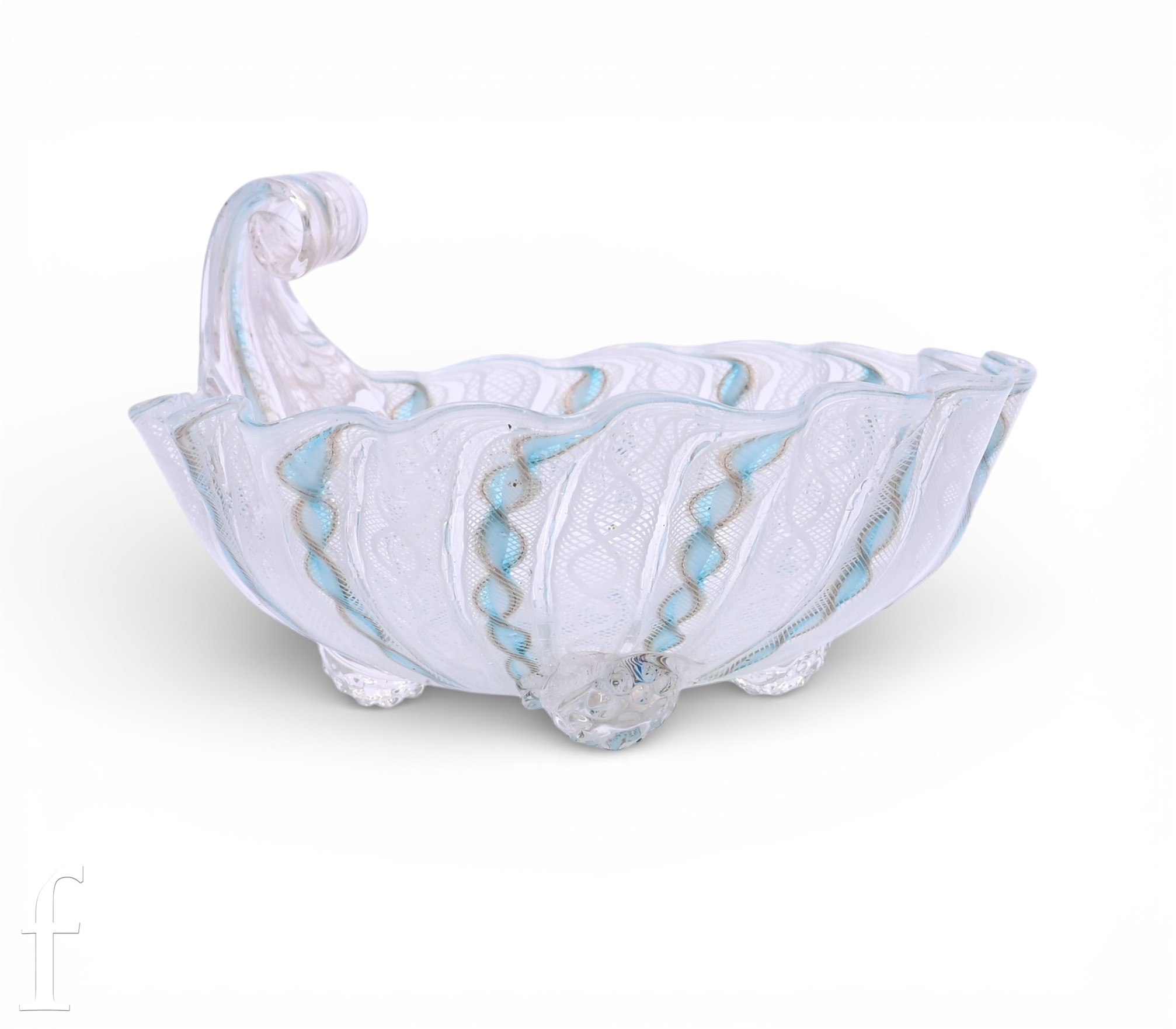 An early 20th Century Venetian Zanfirico glass bon bon dish, of crimped ...