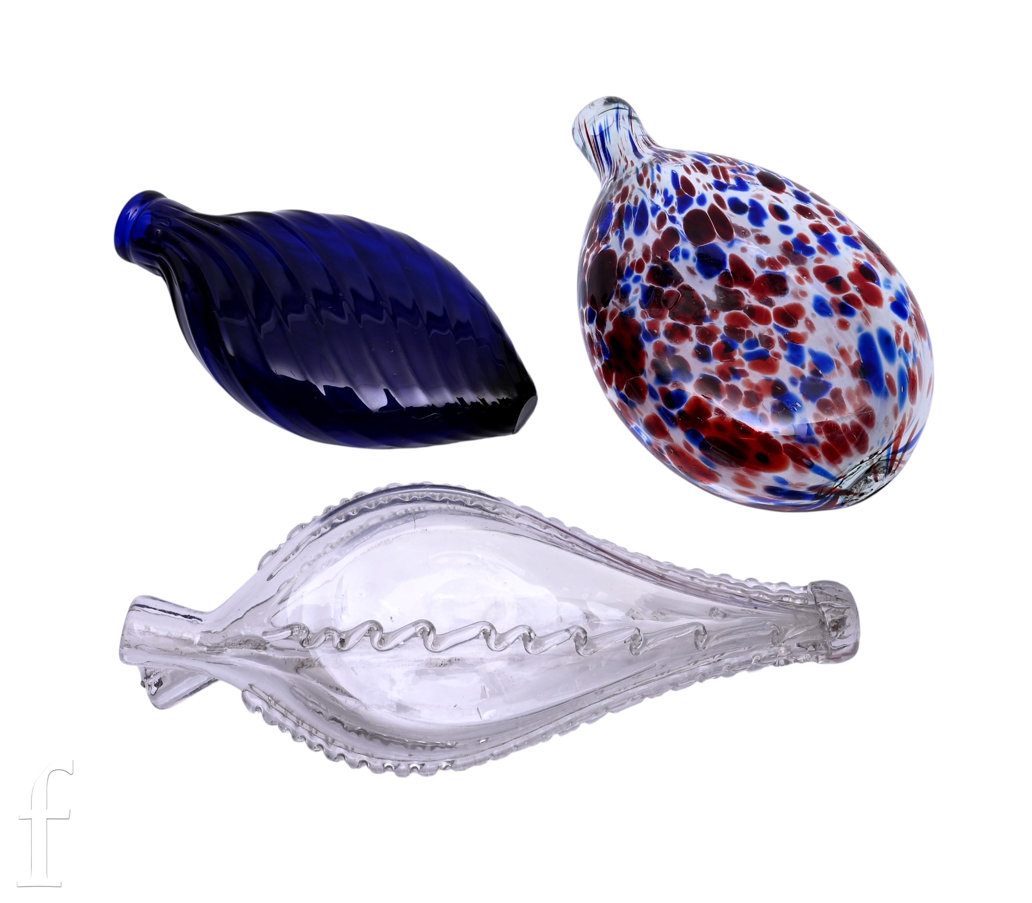 A group of three 19th Century glass flasks, one of gimmel form, in ...