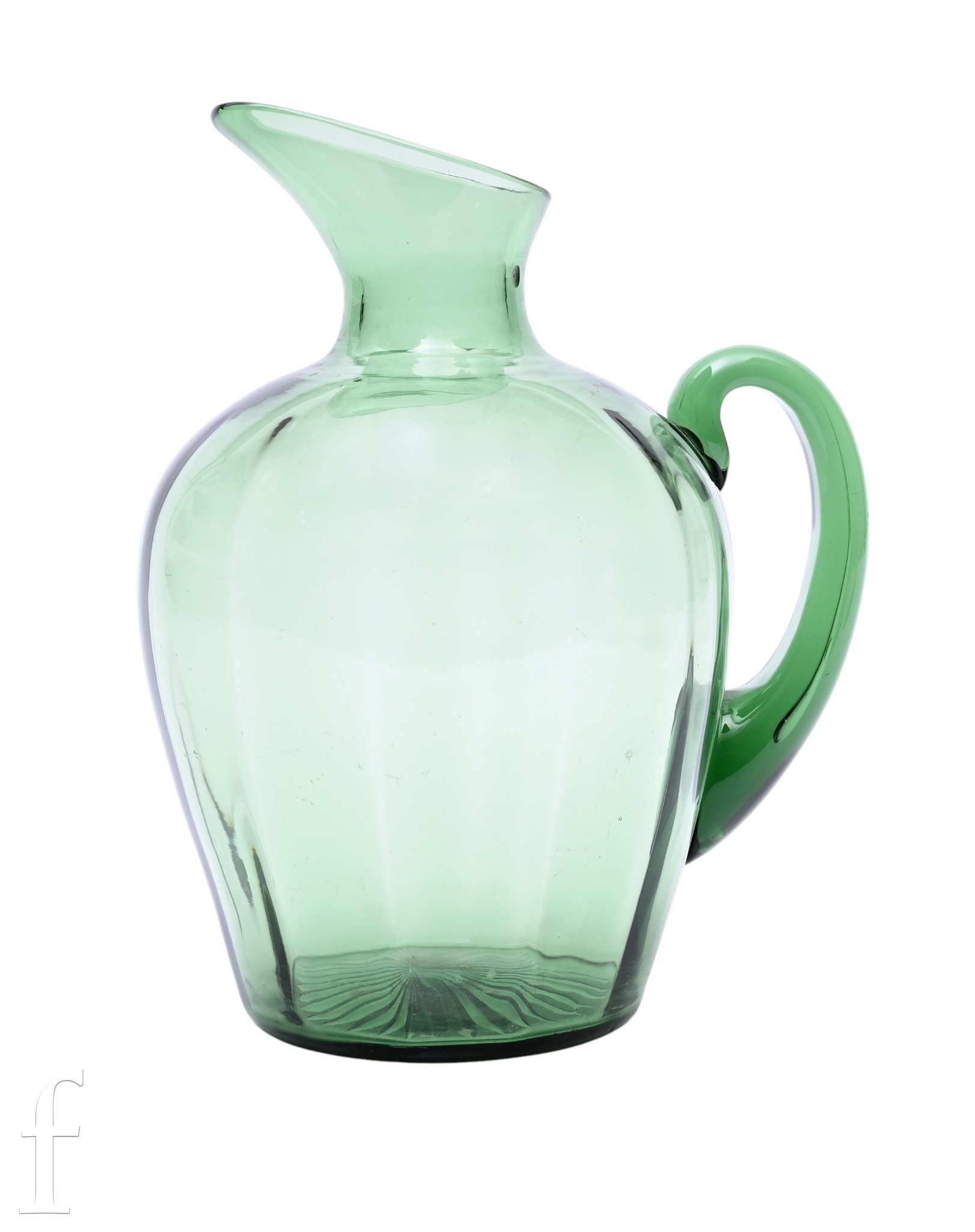 A late 19th Century green glass jug, the shouldered ovoid body moulded ...