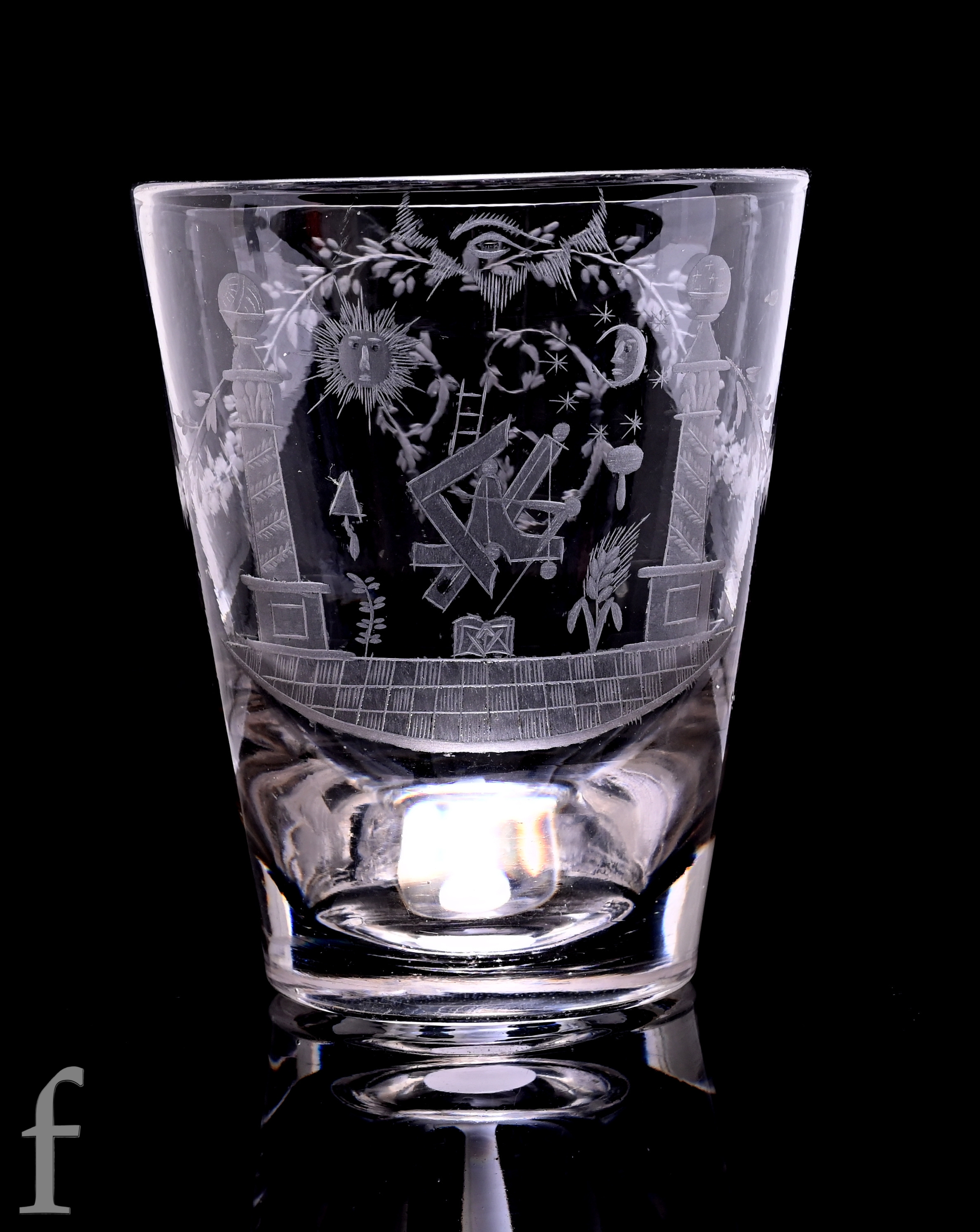 A 19th Century Masonic glass tumbler, of bucket form with optical ...