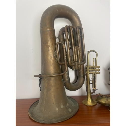 Collection of Four Antique Brass Instruments as Found (Tuba, Sax ...