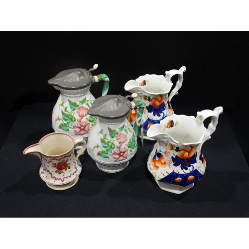 A Pair Of Gaudy Welsh Pottery Jugs, Together With Two Staffordshire ...
