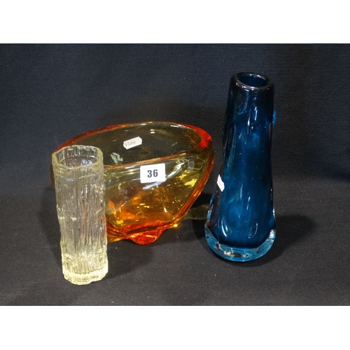 A Whitefriars Style Vase, Together With Two Cased Glass Vases