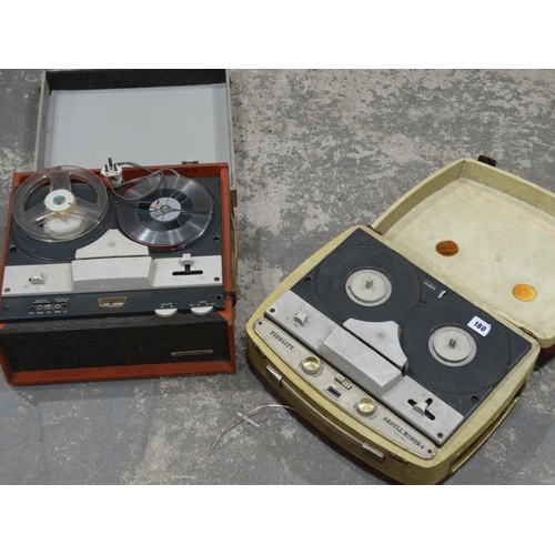 Two Vintage Reel To Reel Players Together With A Box Of Records