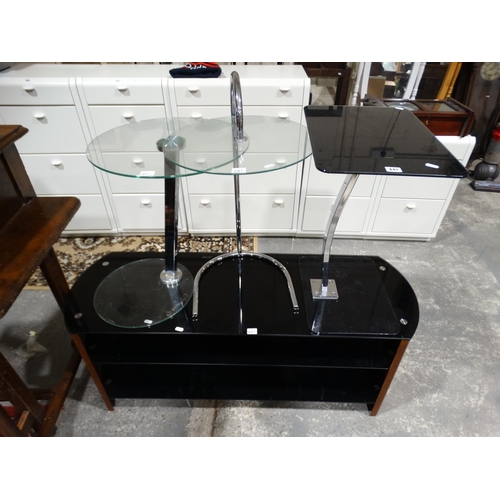Three Vintage Glass & Chrome Display Stands, Together With A TV Stand