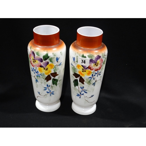 A Pair Of Victorian Milk Glass Floral Decorated Vases
