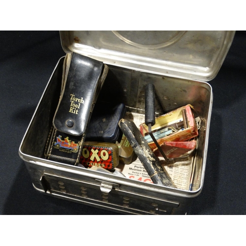 A Tin Box Of Collectables To Include Cut Throat Razors & Torch Tool Kit