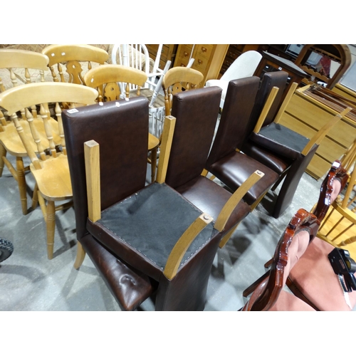 Six Brown Leatherette Finish High Back Dining Chairs