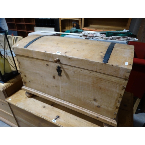 A Pine Dome Topped Bedding Box, Together With Two Wicker Boxes