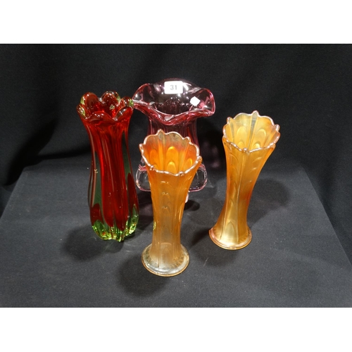 Two Cased Glass Vases, Together With A Pair Of Carnival Glass Vases