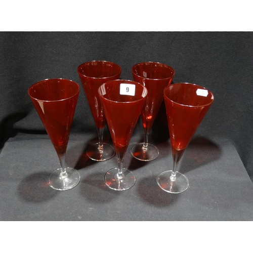 Five Ruby Glass Champagne Flutes