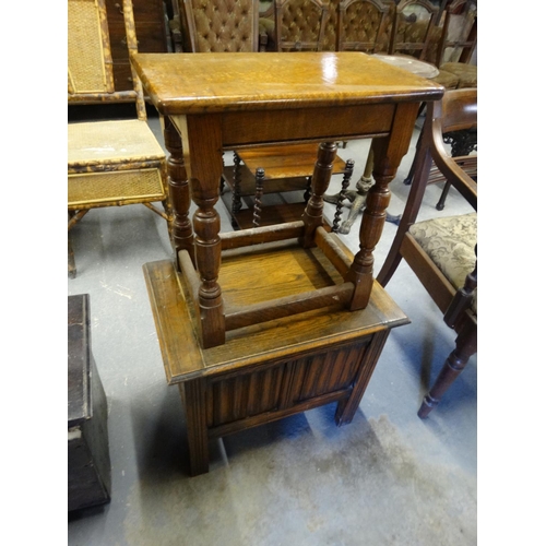 An Oak Block & Turned Stool, Together With A Polished Oak Lift Top ...