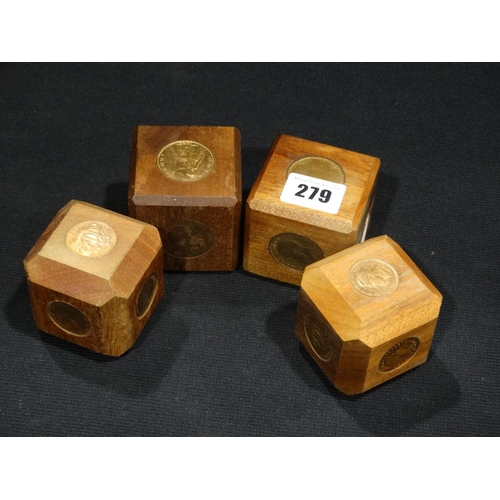 Four Wooden Dice Shaped Figures With Inserted Coins