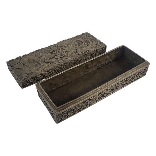 A 20TH CENTURY CHINESE WHITE CAST METAL BOX AND COVER The cover ...