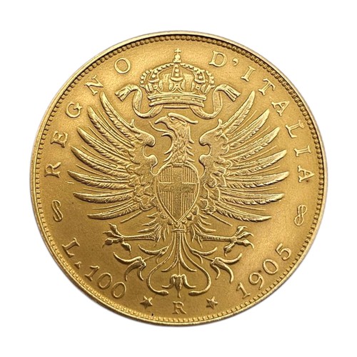 AN EARLY 20TH CENTURY ITALIAN 21CT GOLD 100L COIN, DATED 1905 Bearing a ...