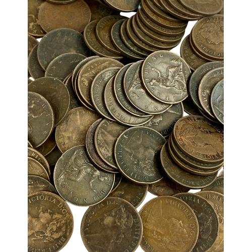 Amazing hoard of 100 Victoria young head Bronze farthings. All decent ...