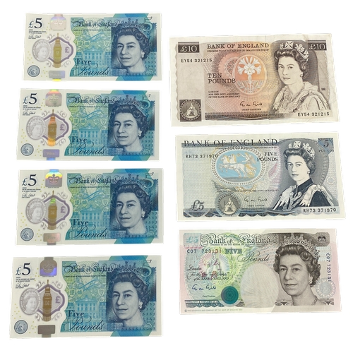 Bank of England Ten Pound Note, Cashier Gill. Five pound notes x 2 and ...
