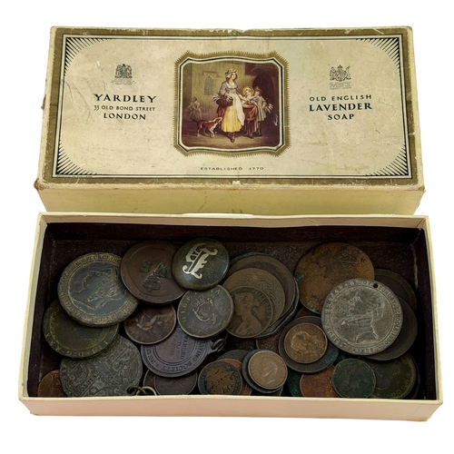 Box containing a large selection of Early copper coinage, medallions ...