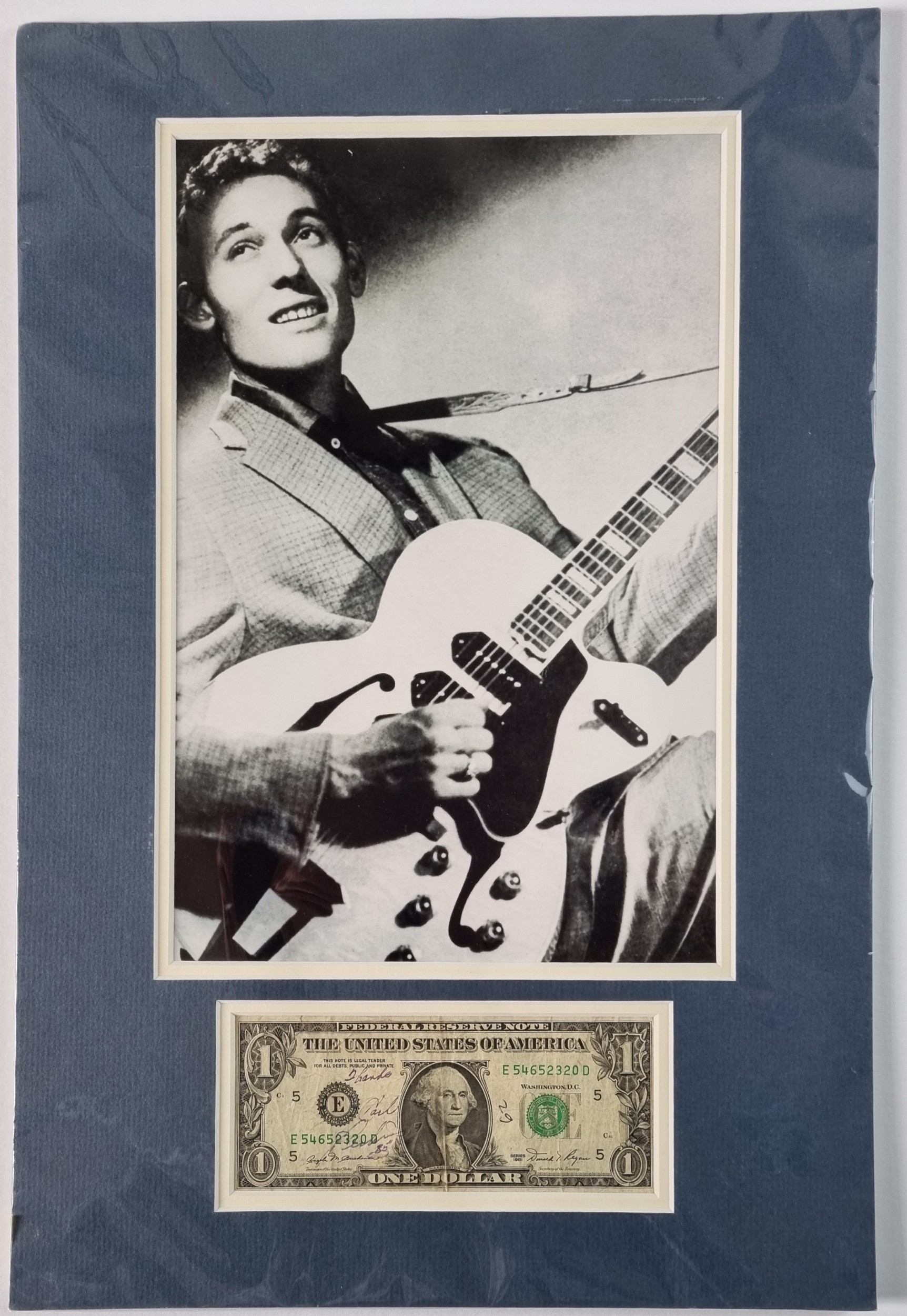 Carl Perkins Signed Dollar Bill in Mounted Display