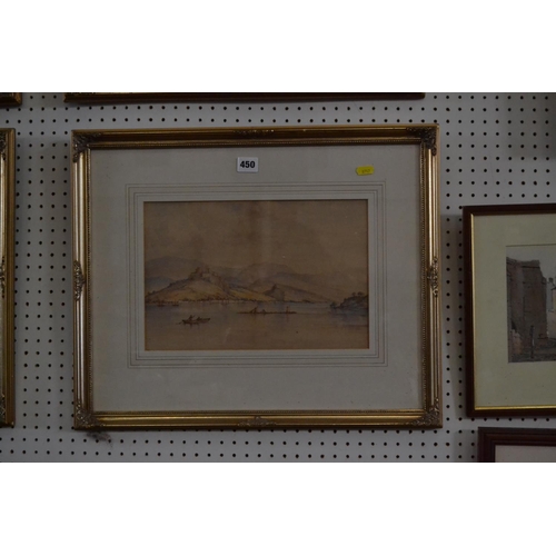 WATERCOLOUR "MOUNTAIN LAKE SCENE WITH CASTLE AND BOATS" BY ADMIRAL ...