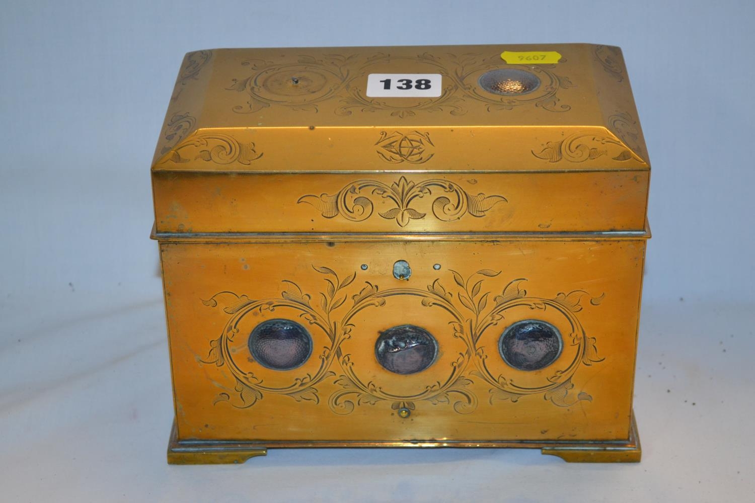 19TH CENTURY BRASS TEA CADDY WITH 2 COMPARTMENTS, BRASS LIDS ENGRAVED ...