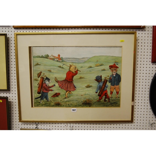 COLOURED CHRONOLITHOGRAPH "GOLFING - A MOUSING FOUR" AFTER LOUIS WAIN