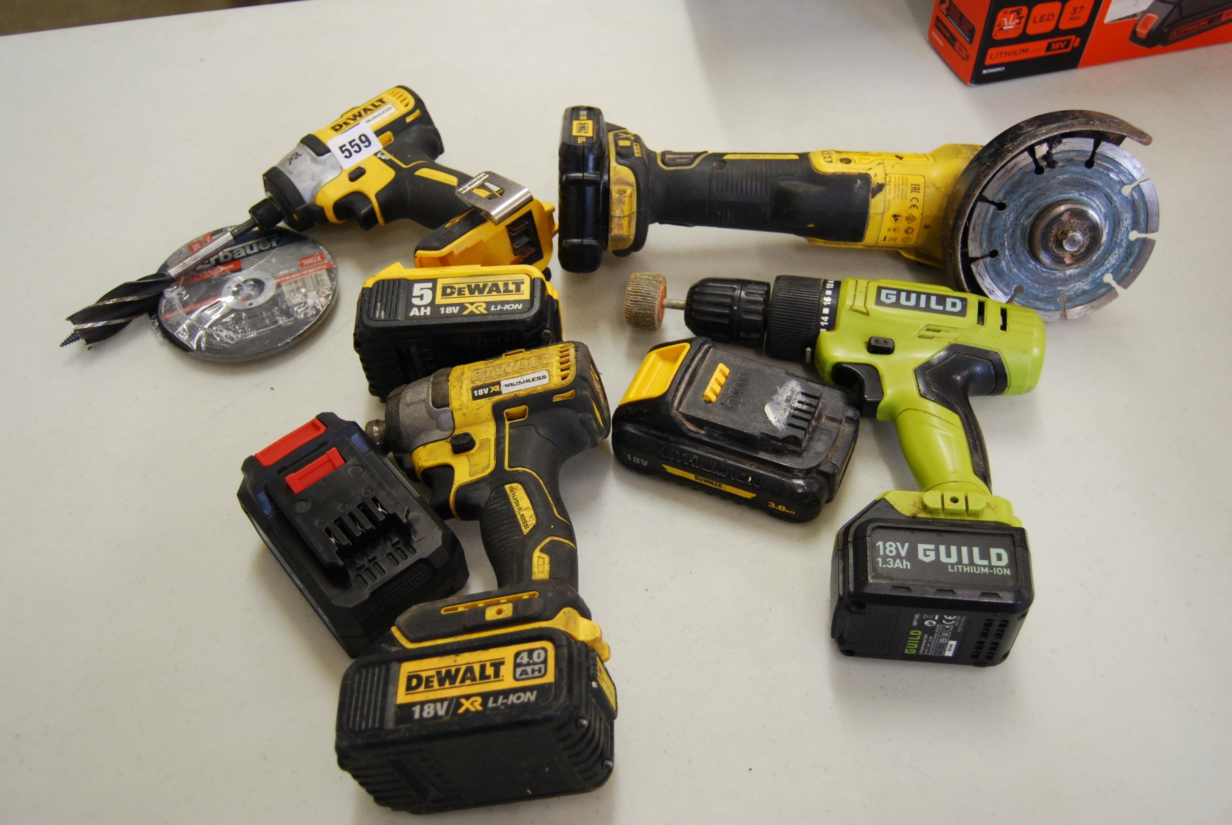 GUILD 18v HAMMER DRILL, DEWALT DCG405 ANGLE GRINDER, DEWALT IMPACT ...