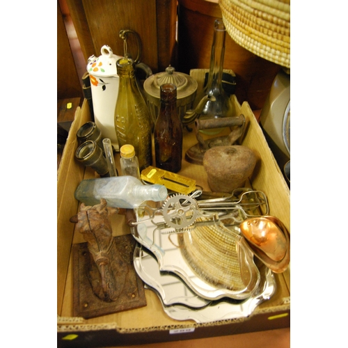 CAST IRON COW WALL BRACKET, CAST IRON BULL BELL, FLAT IRON, OLD BOTTLES ...