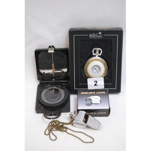 COMPASS, JEWELLER'S LOOP, POCKET WATCH AND HALEX WHISTLE