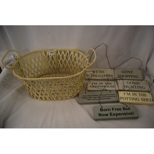 METAL LATTICE WORK BASKET & 7 SIGNS