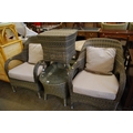 MODERN PAIR OF CANE CONSERVATORY ARMCHAIRS & 2 TABLES